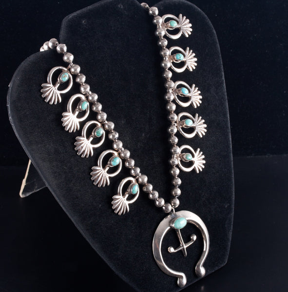 Vintage 1960s Sterling Silver Navajo Carico Lake Turquoise Squash Blos ...