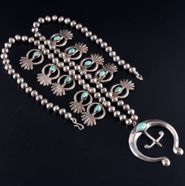 Vintage 1960s Sterling Silver Navajo Carico Lake Turquoise Squash Blos ...